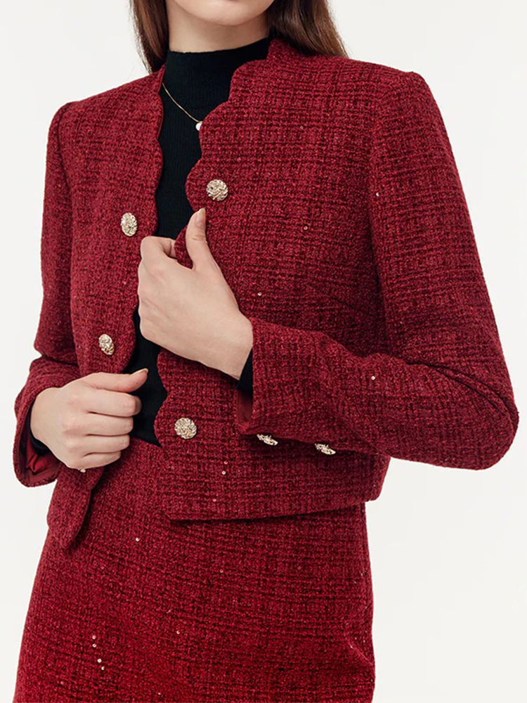 Tweed Sequins Scallop Trim Women Crop Jacket - khipp