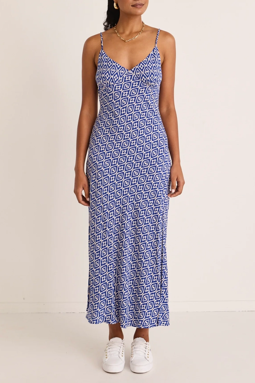 Electric Blue Batik Bias Slip Midi Dress - SHOPELLEA