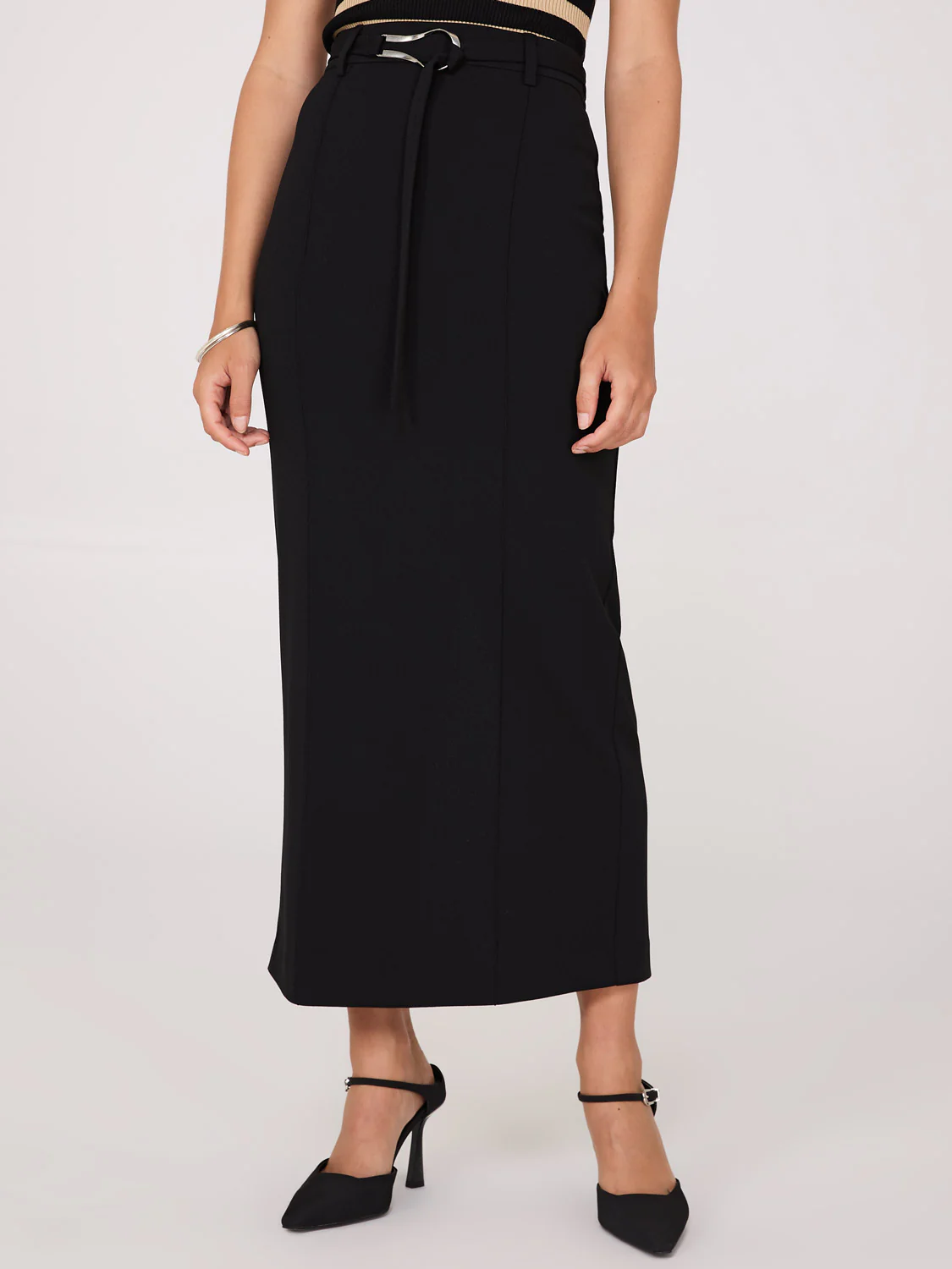 Belted Front Pintuck Column Skirt - FERONIQ