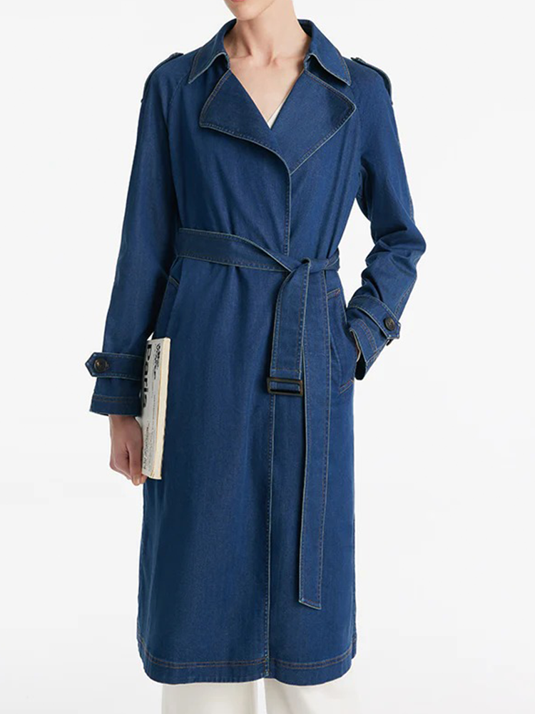 Denim Lapel Women Trench Coat With Belt - khipp