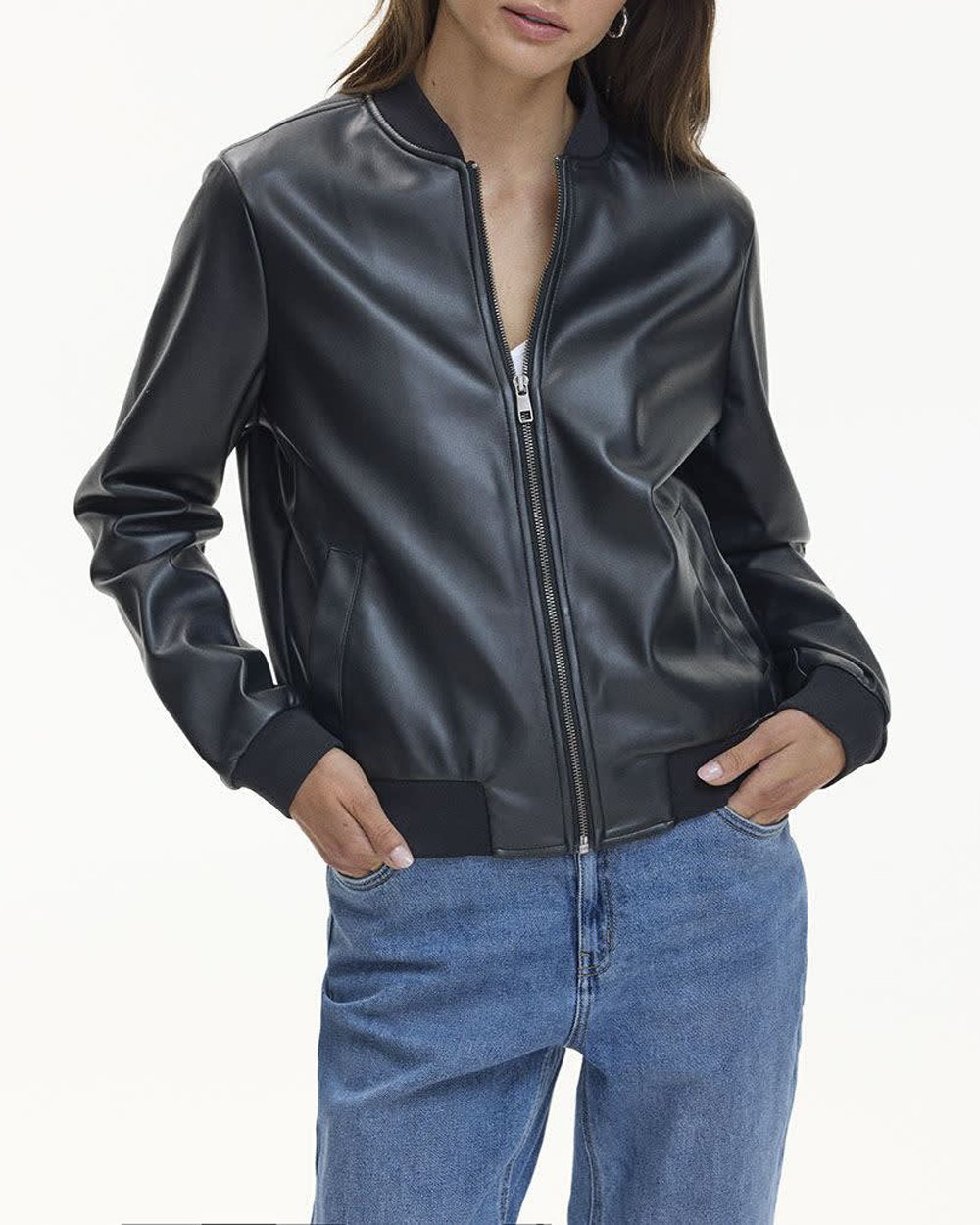 Faux Leather Bomber Jacket - NORILUNE