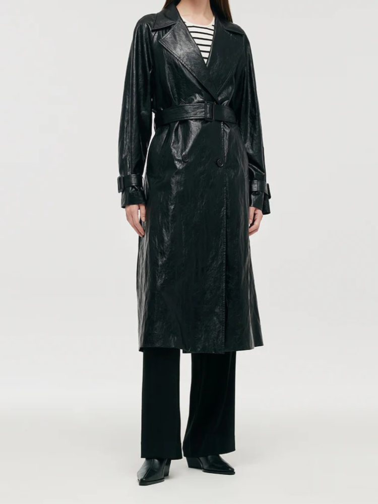 PU Leather Women Long Trench Coat - khipp