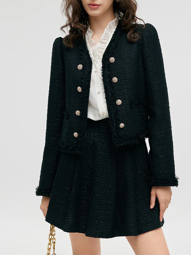 Tweed Fringe V-Neck Women Crop Jacket - khipp