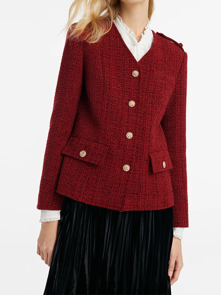 V-Neck Single-Breasted Tweed Women Jacket - khipp